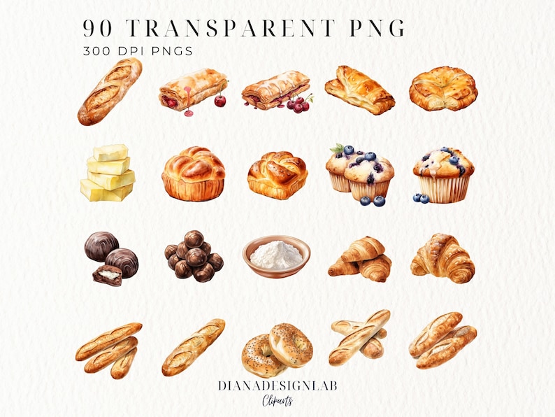 Watercolor Bakery Shop Clipart, Bread Baguettes French Croissants ...