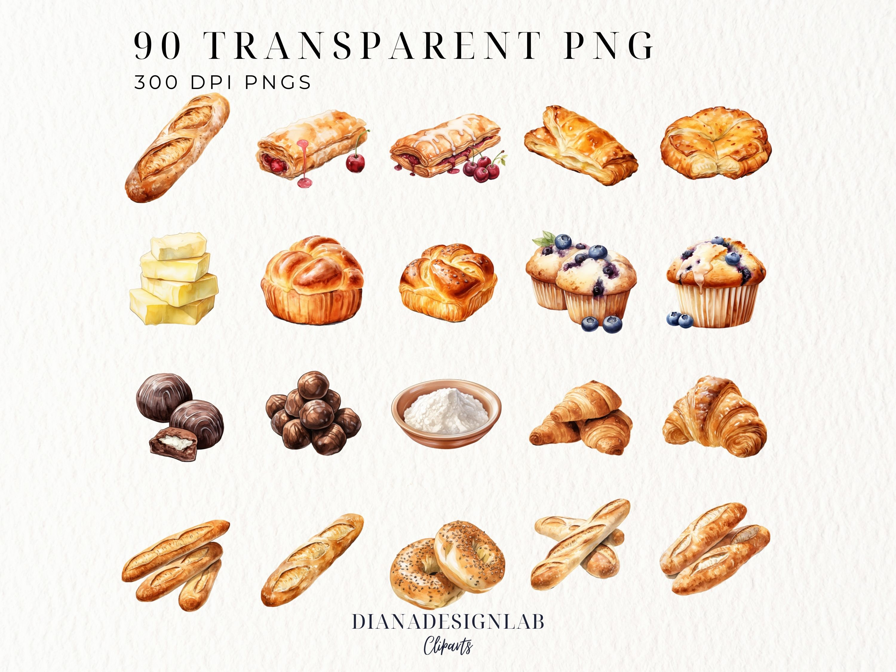 Watercolor Bakery Shop Clipart, Bread Baguettes French Croissants ...