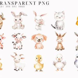 Watercolor Cute Farm Clipart, Cute Animals, Nursery Art, Baby Shower ...