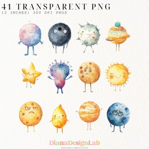 Funny Space Clipart, Watercolor Cute Planets, Solar System, Galaxy Clip ...