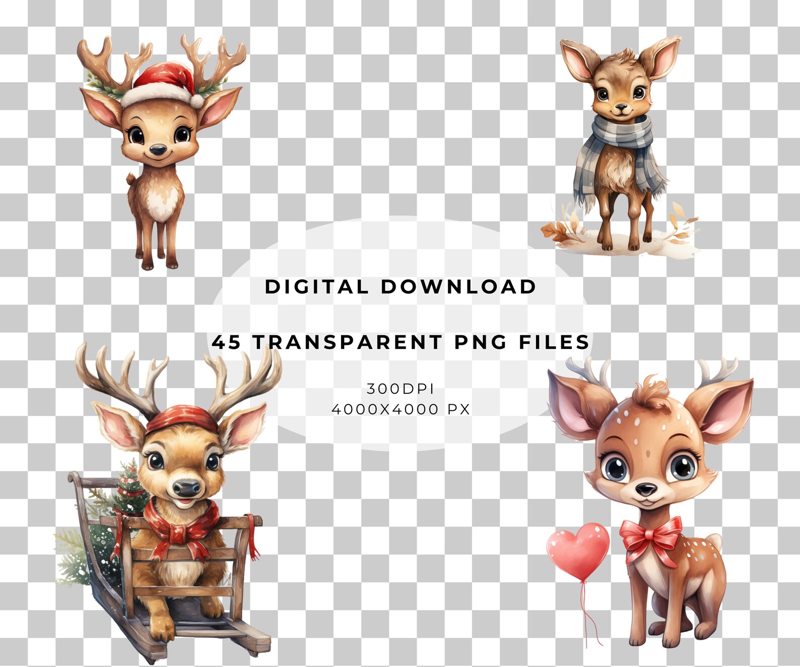 Reindeer Clipart Watercolor, Christmas Reindeer Clipart, Santa Sleigh ...