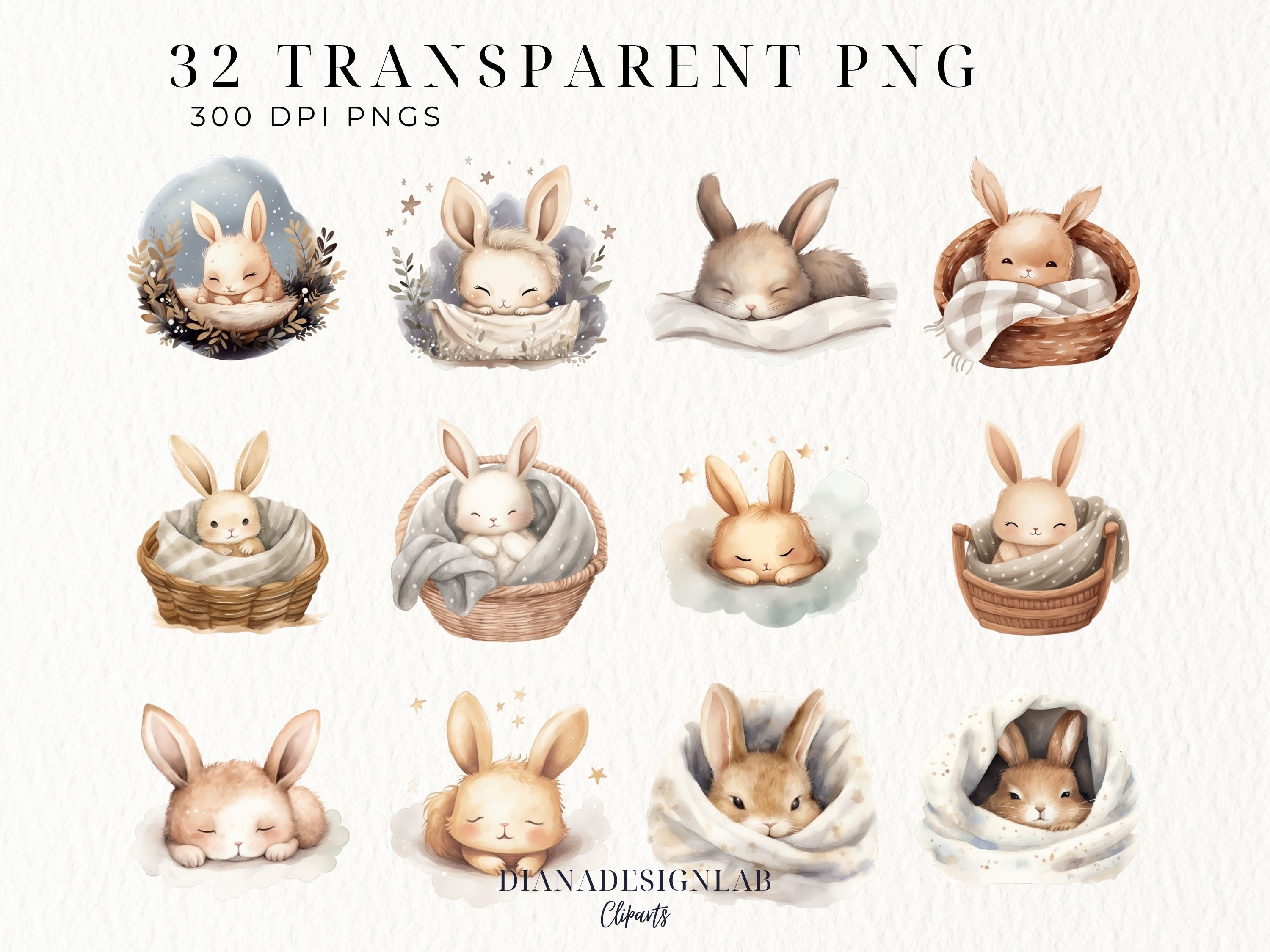 Cute Watercolor Bunny Clipart Sleeping Bunny PNG Boho Rabbit - Etsy