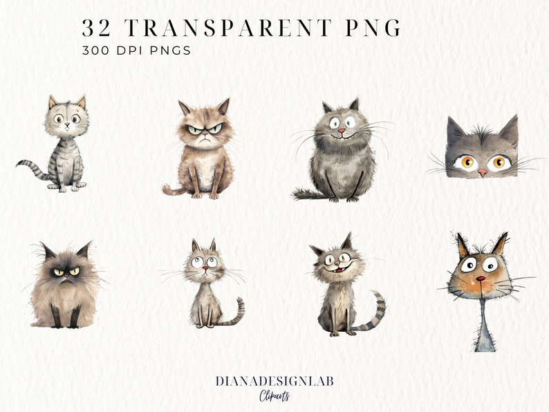 Quirky Cat Clipart, Whimsical Cats Clip Art, Kawaii Cat, Quirky Cat ...