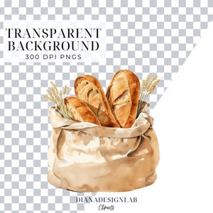 Watercolor Bakery Shop Clipart, Bread Baguettes French Croissants ...