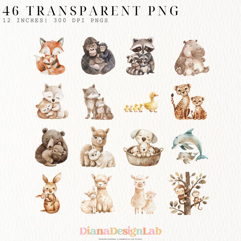 Mama and Baby Animal Clipart, Woodland Animals, Commercial Use, Cute ...