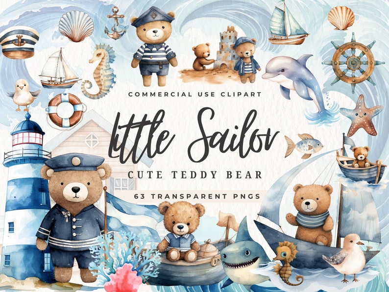 Cute Sailor Teddy Bear Clipart, Nautical Nursery Clip Art, Under the ...