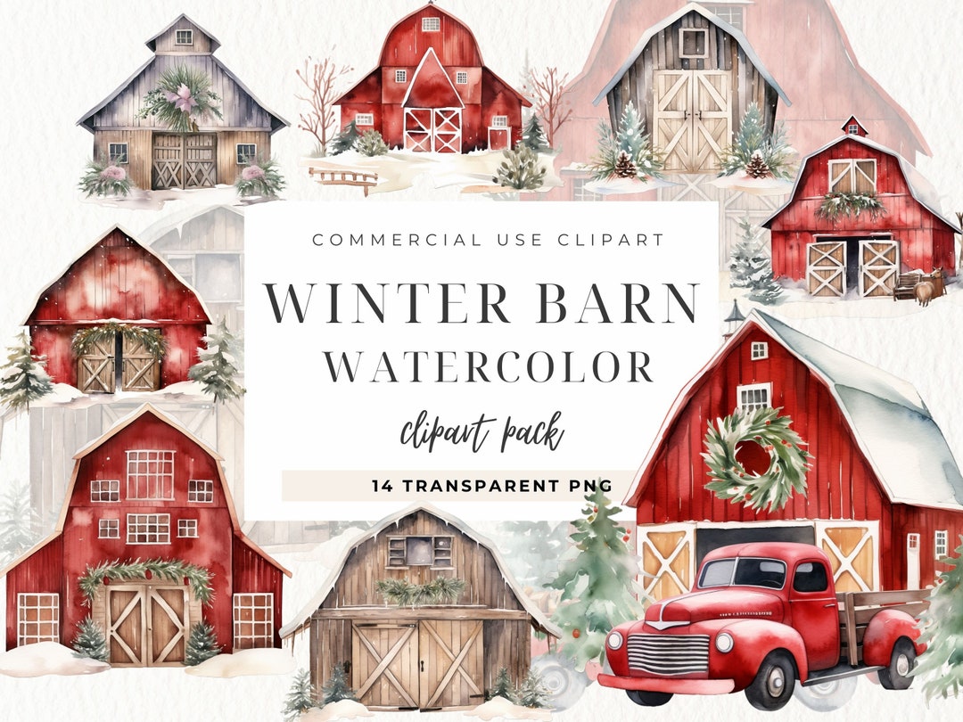 Winter Barn Clipart, Digital Download, Red Barn Clipart, Farm Clip Art ...