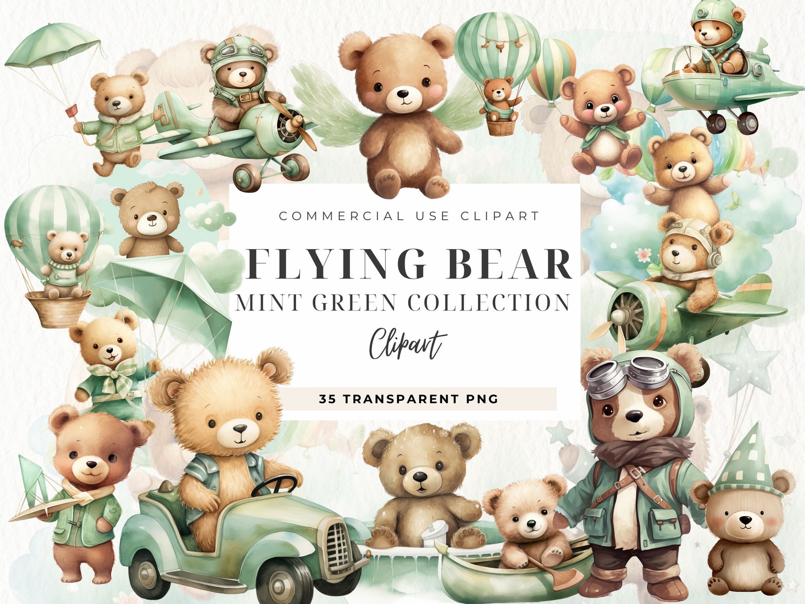 Flying Bear Clipart, Digital Download, Traveler, Mint Green Teddy ...