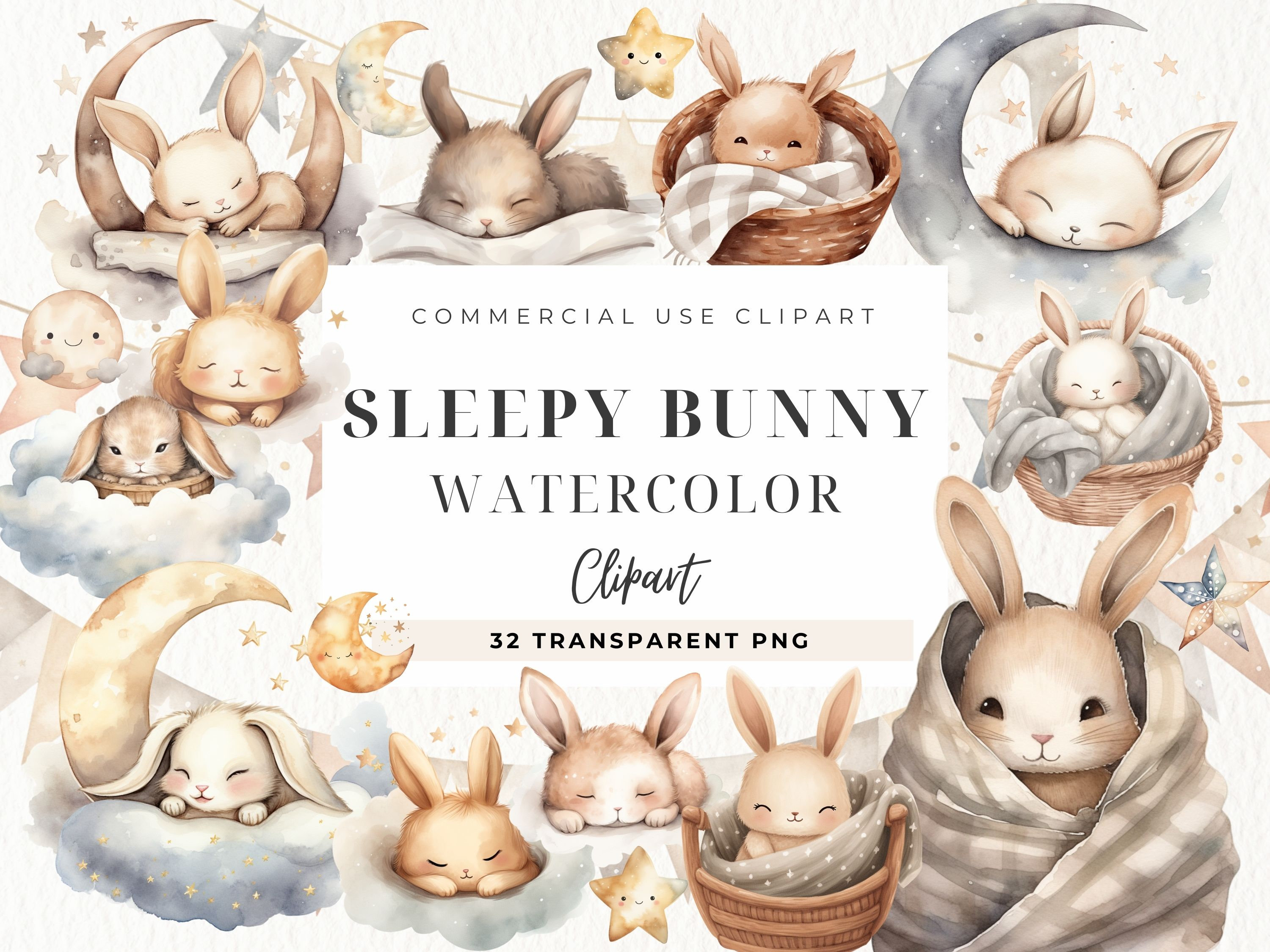 Cute Watercolor Bunny Clipart Sleeping Bunny PNG Boho Rabbit - Etsy