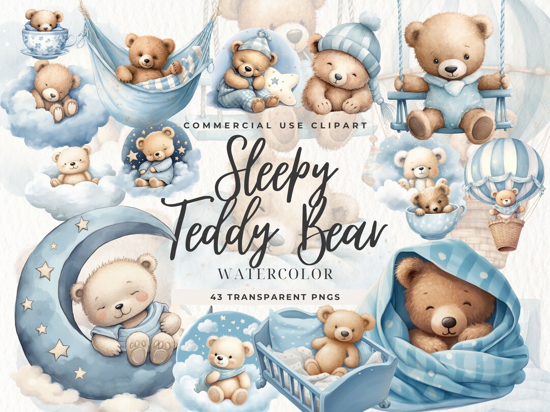 Watercolor Sleepy Teddy Bear Clipart, Baby Shower, Boho Cute Teddy Bear ...