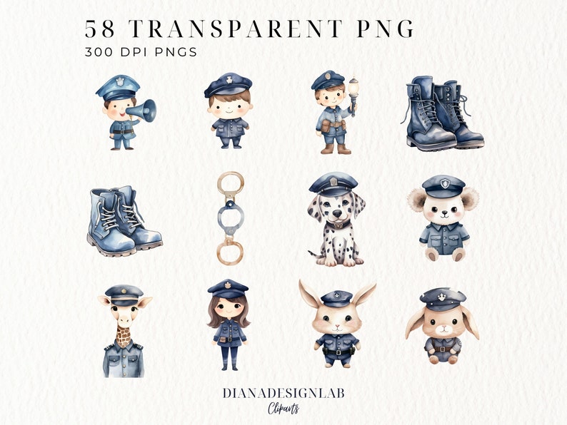 Watercolor Police Clipart, Police Station, Animals Vehicles, Cute ...