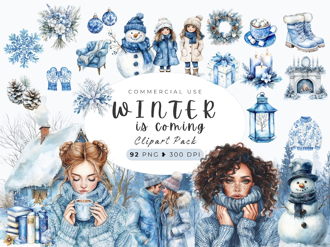 Winter Watercolor Clipart, Hello Winter, Merry Christmas, Cozy Blue ...