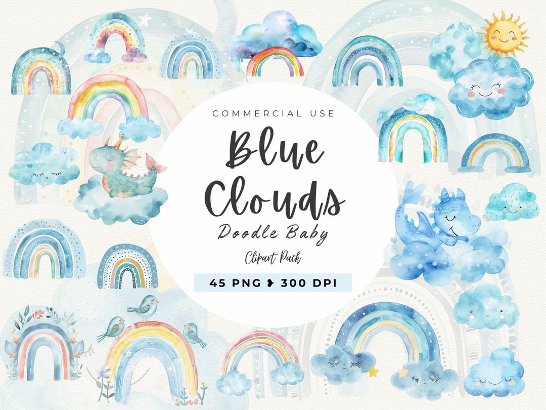 Baby Blue Clouds Clipart, Baby Shower, Rainbow Png, Doodle Baby Clouds ...