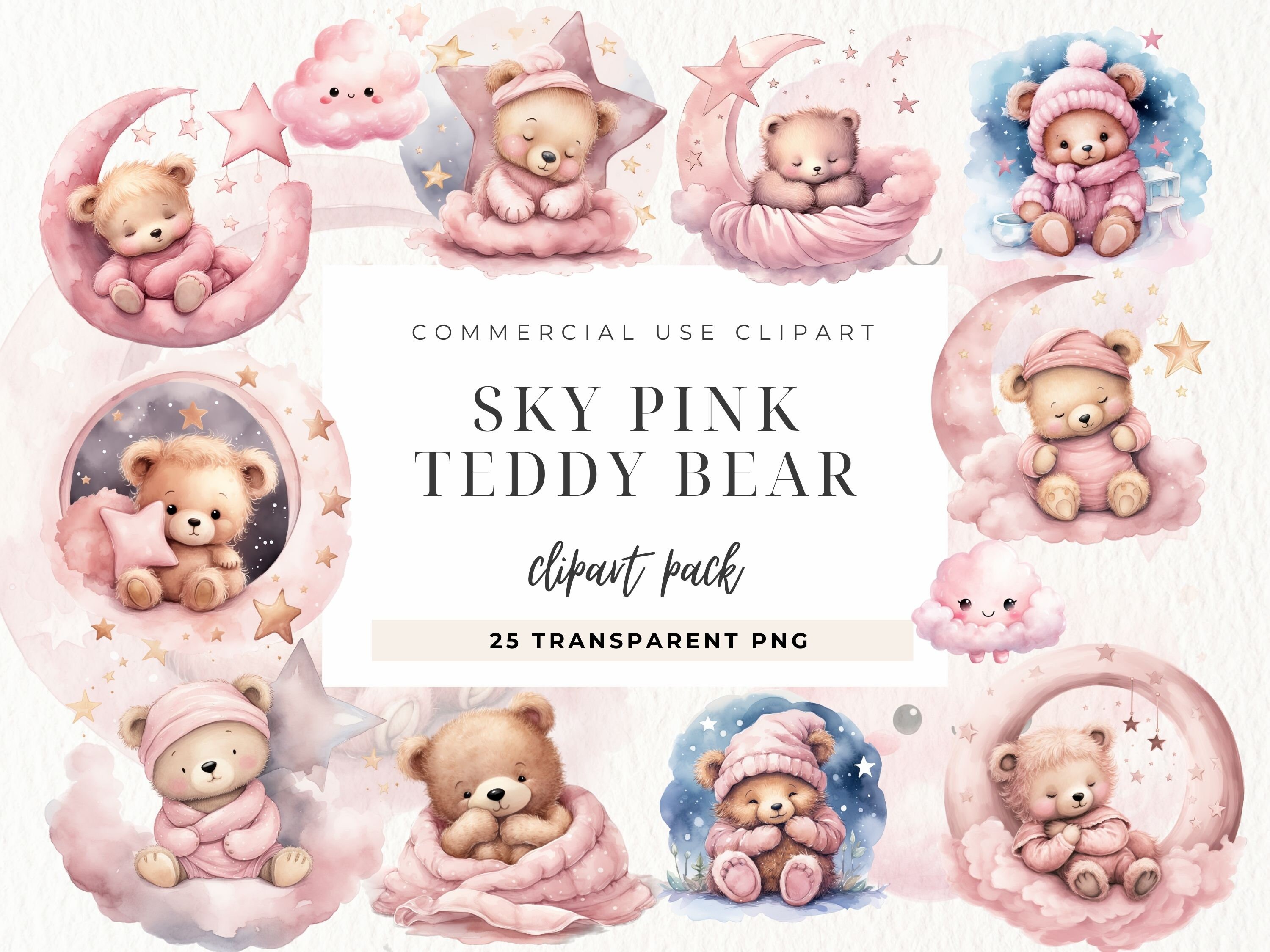 Watercolor Teddy Bear Baby Shower for Girl, Nursery Clipart, Pink Teddy ...
