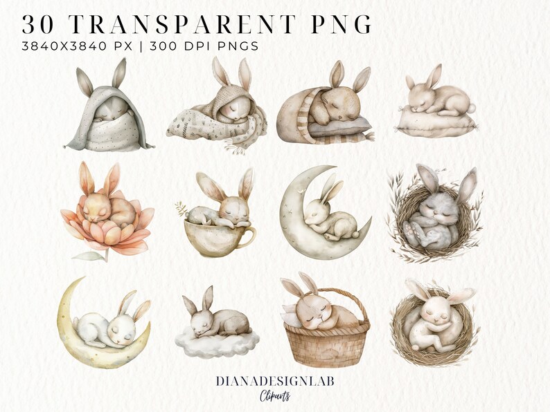 Sleeping Baby Bunnies Clipart, Instant Download, Baby Newborn, Bunny ...