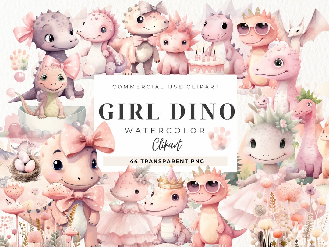 Girl Dino Watercolor Clipart, Baby Shower, Dino Digital Download ...