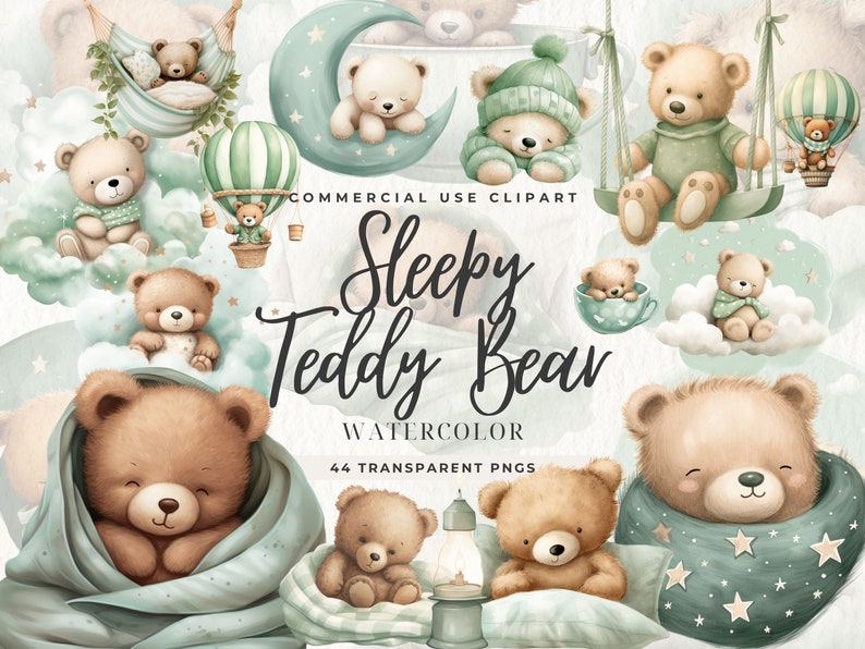 Watercolor Sleepy Teddy Bear Clipart, Baby Shower, Boho Cute Teddy Bear ...