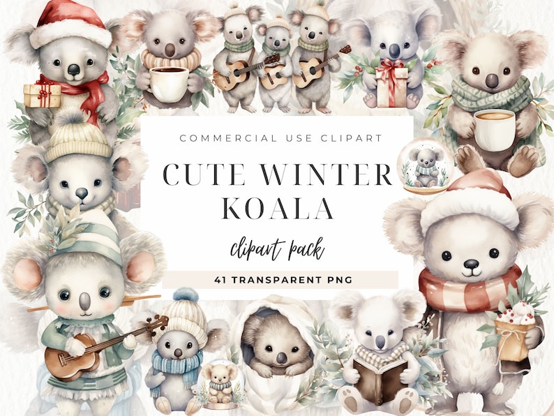 Watercolor Christmas Koala Clipart, Cute Aussie Animal PNG Set, Winter ...