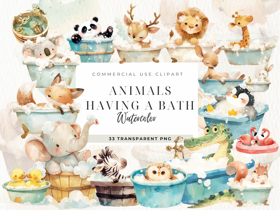 Animals in Bathtub Clipart, Bathroom, Printable Wall Art, Paper Craft ...