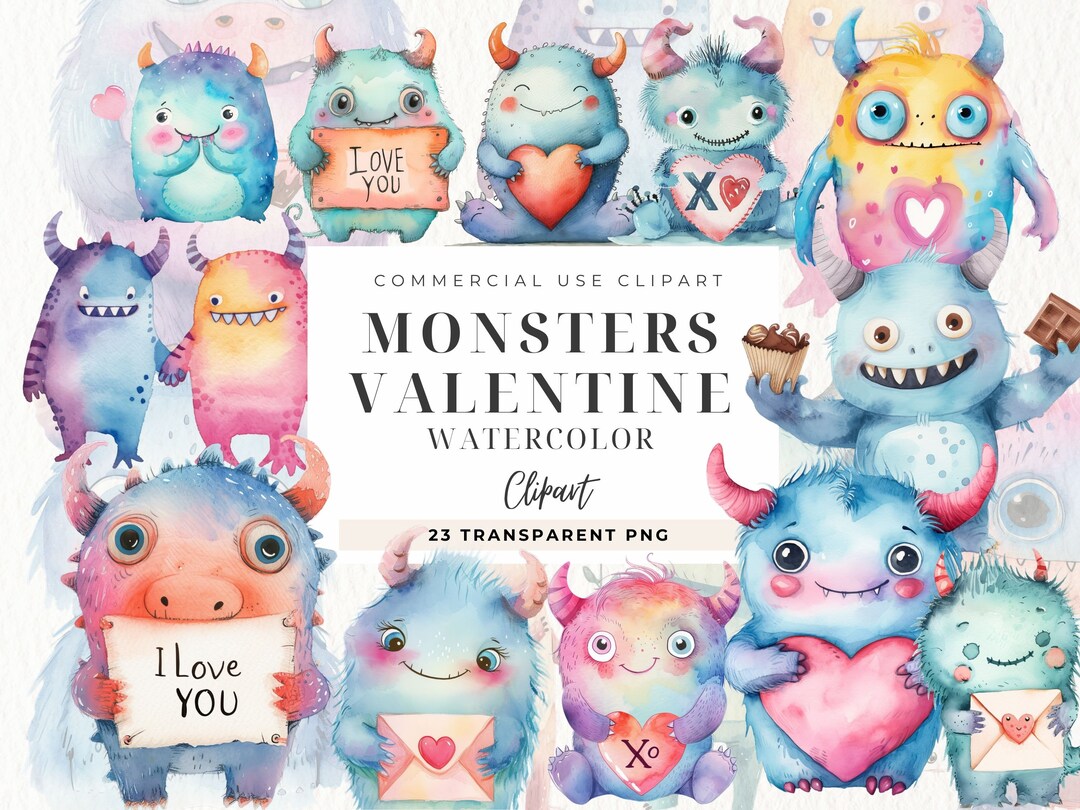 Watercolor Monsters in Love Clipart, Baby Monster Clipart, Tropical ...