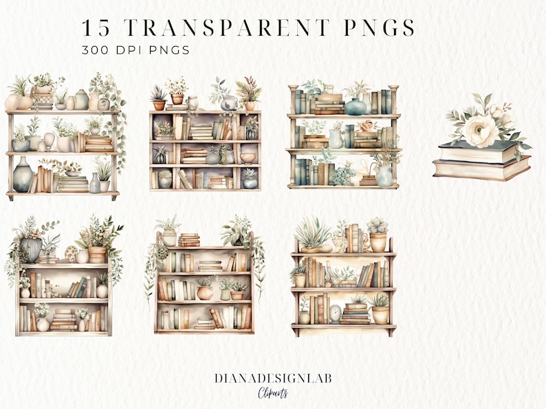 Bookshelves Clipart, Cottagecore, Book Clip Art, Boho Vintage Reader ...