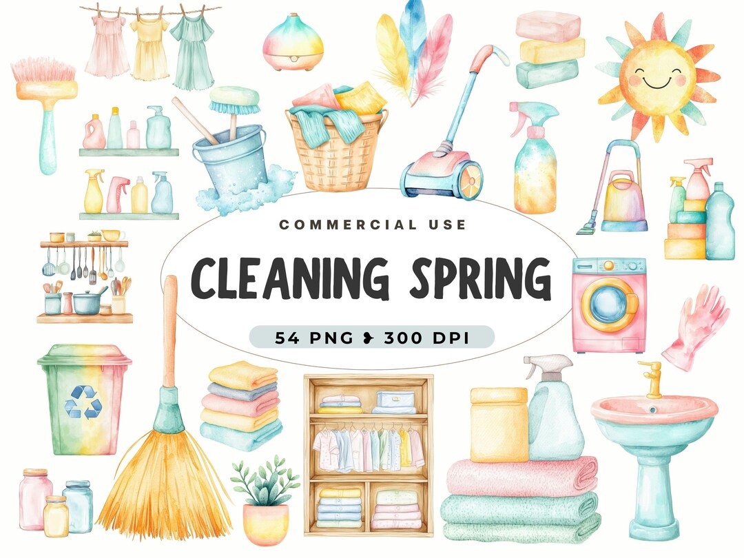 Spring Cleaning Clipart, Laundry, Digital Download, Watercolor ...