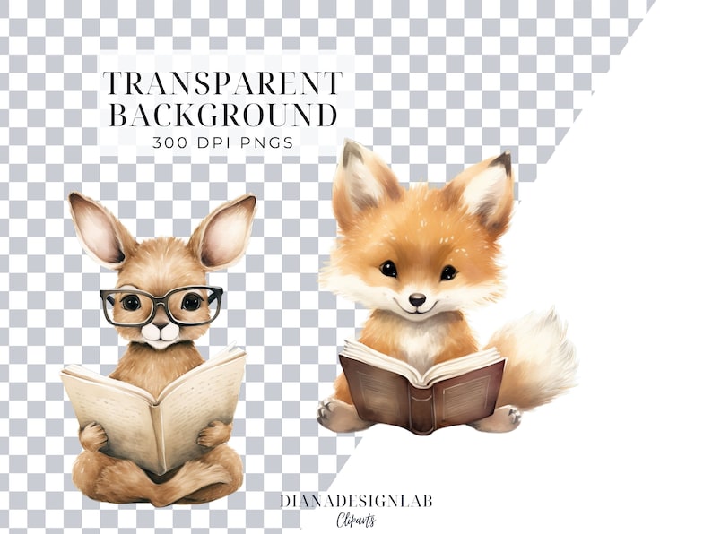 Watercolor Animals Reading Book Clipart, Commercial Use, Booklover Clip ...
