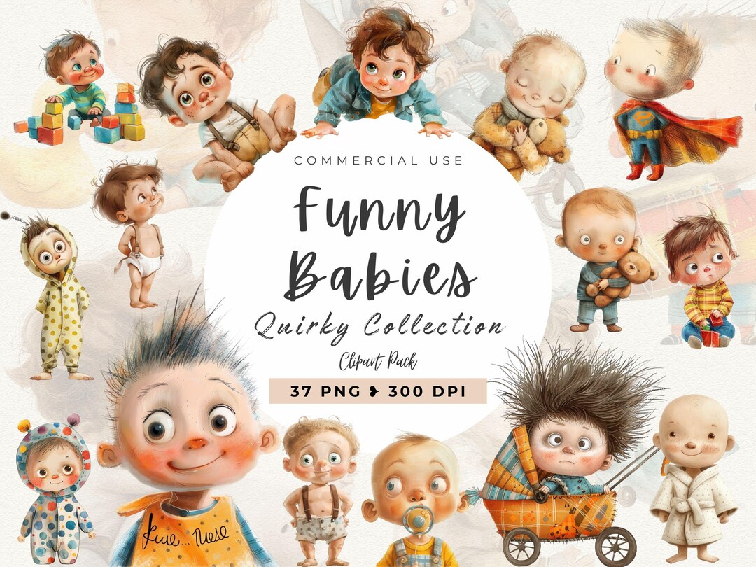 Quirky Baby Clipart, Baby Shower, Card Making, Cute Caricature, Funny ...