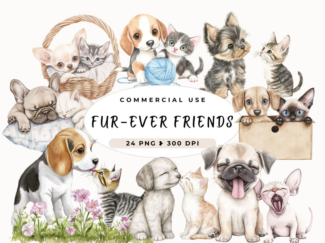 Cute Cats and Dog Clipart, Instant Download, Pet Friends, Watercolor ...