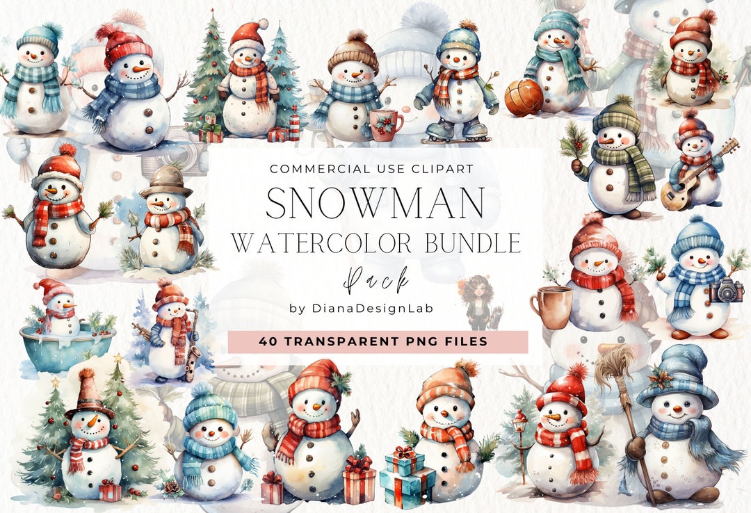 Watercolor Snowman Clipart Bundle, Cute Winter Watercolor PNG Bundle ...