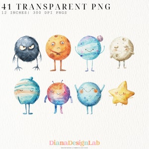 Funny Space Clipart, Watercolor Cute Planets, Solar System, Galaxy Clip ...