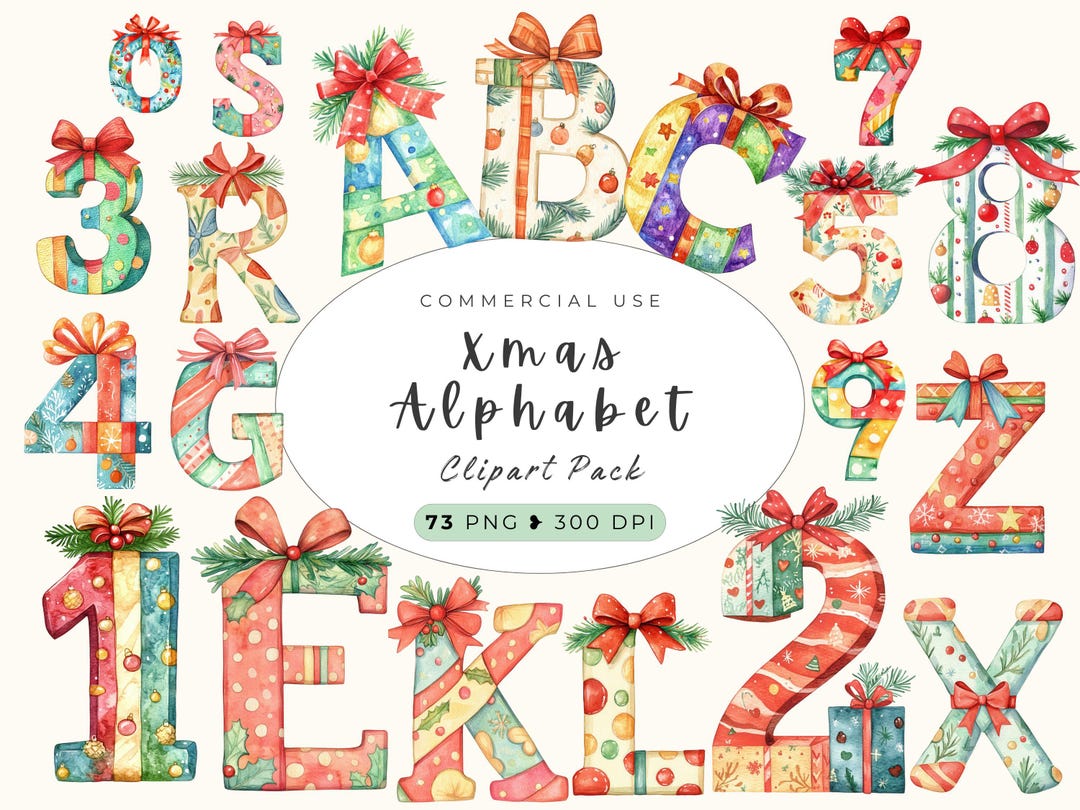 Christmas Watercolor Alphabet and Numbers Clipart, Xmas Clipart ...