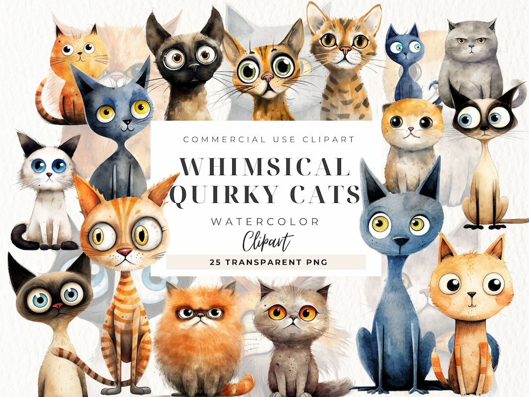 Quirky Cat Clipart, Whimsical Cats Clip Art, Kawaii Cat, Quirky Cat ...