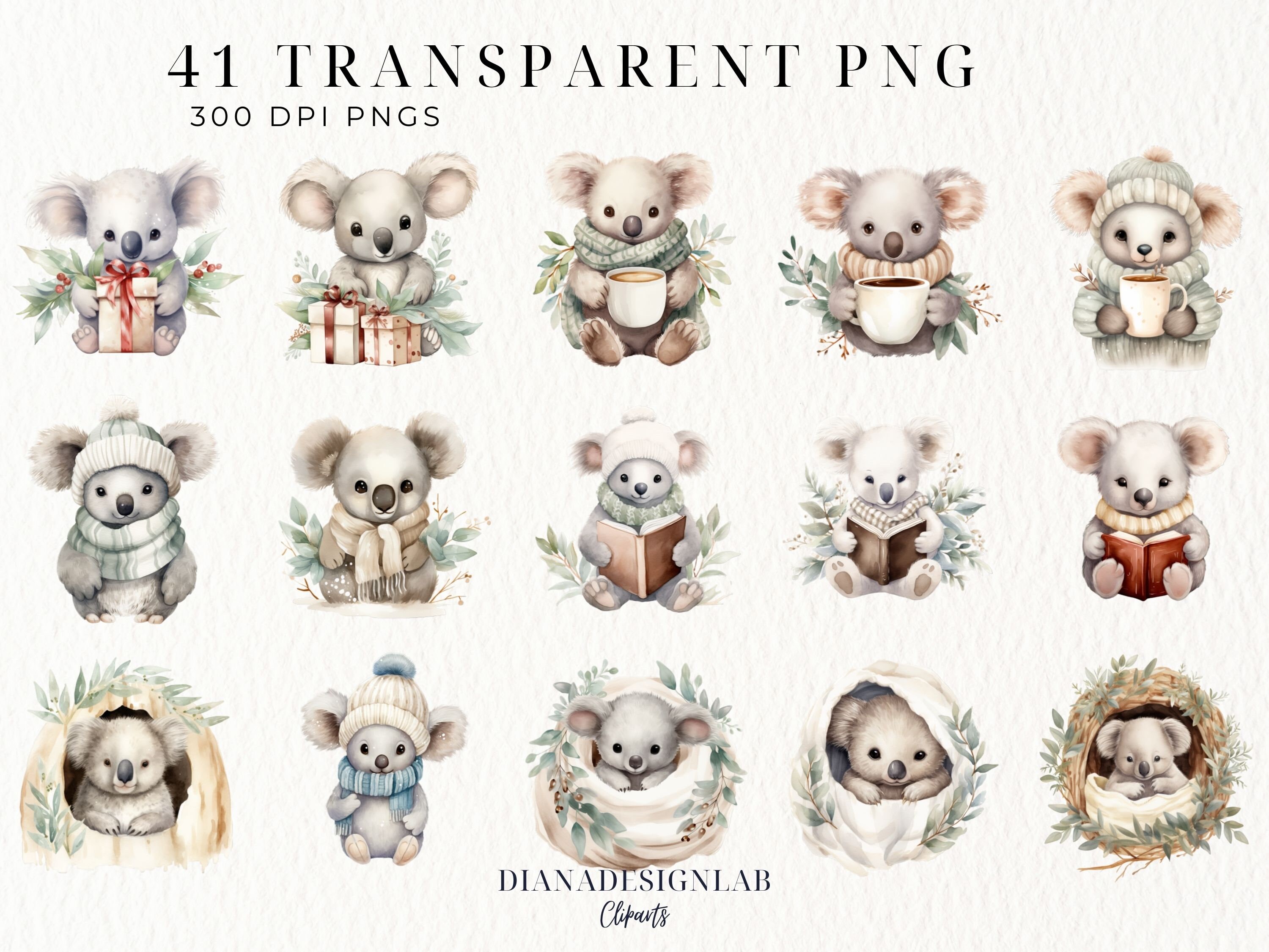 Watercolor Christmas Koala Clipart, Cute Aussie Animal PNG Set, Winter ...