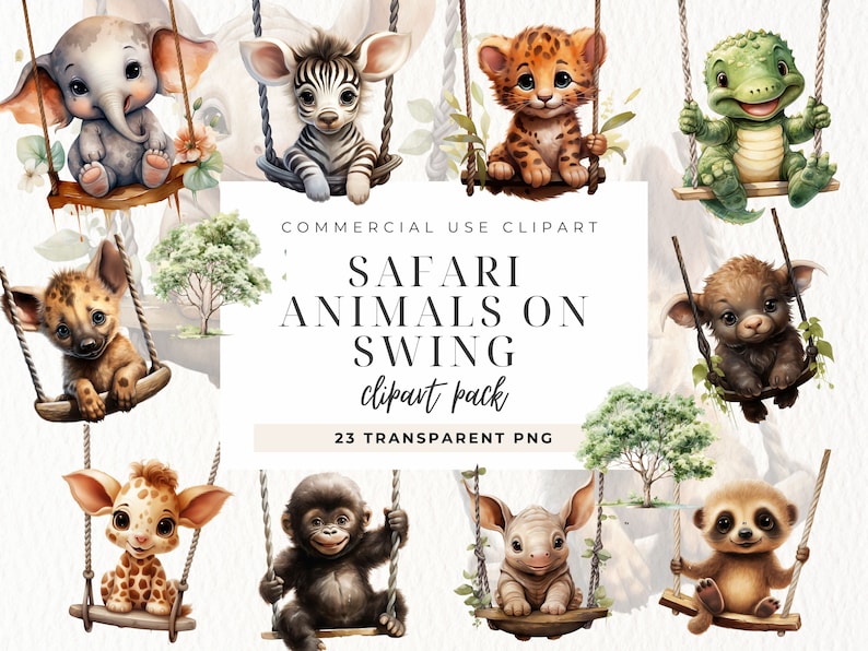 Baby Safari Animals Watercolor Clipart Animals on Swings - Etsy
