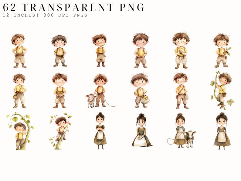 Jack and the Beanstalk Clipart, Watercolor Fairy Tale Graphics, Kids ...