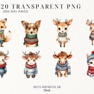 Animals in Sweaters Clipart, Watercolor Winter Holidays Png, Woodland ...