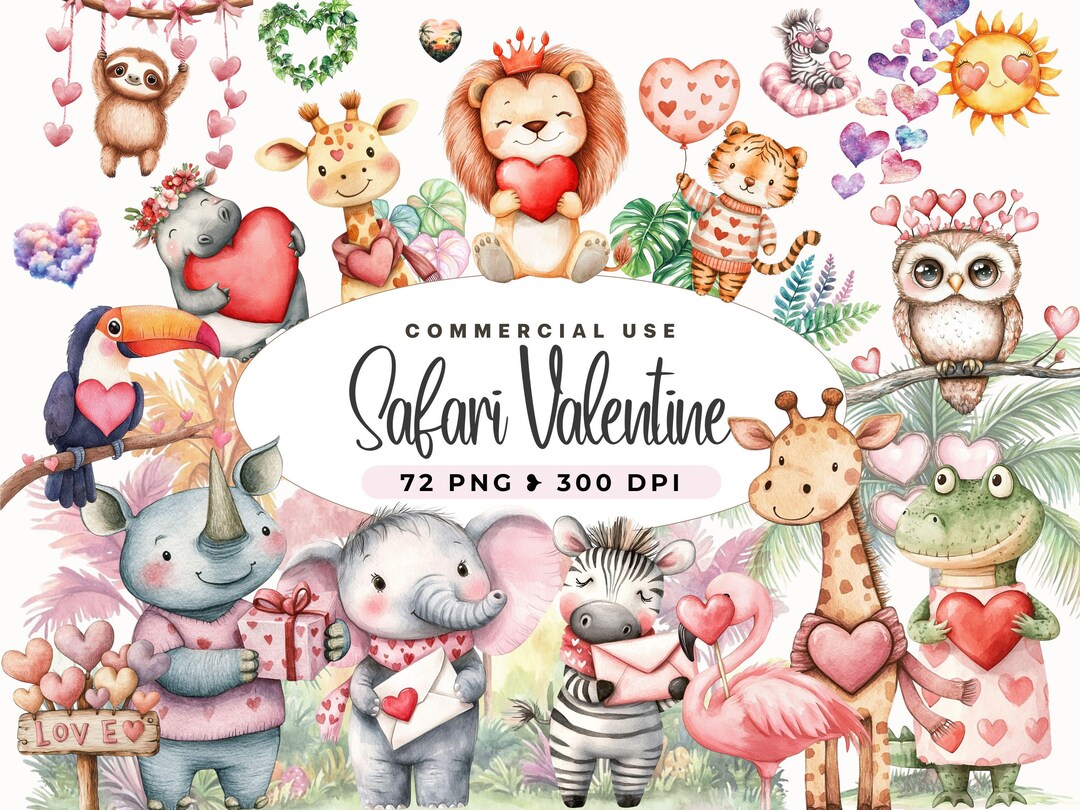 Safari Valentine Clipart, Jungle Animals, Nursery Decor, Valentines ...