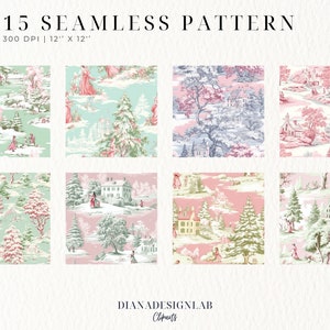 Christmas Toile Digital Paper, Christmas Chinoiserie Inspired Pastel ...