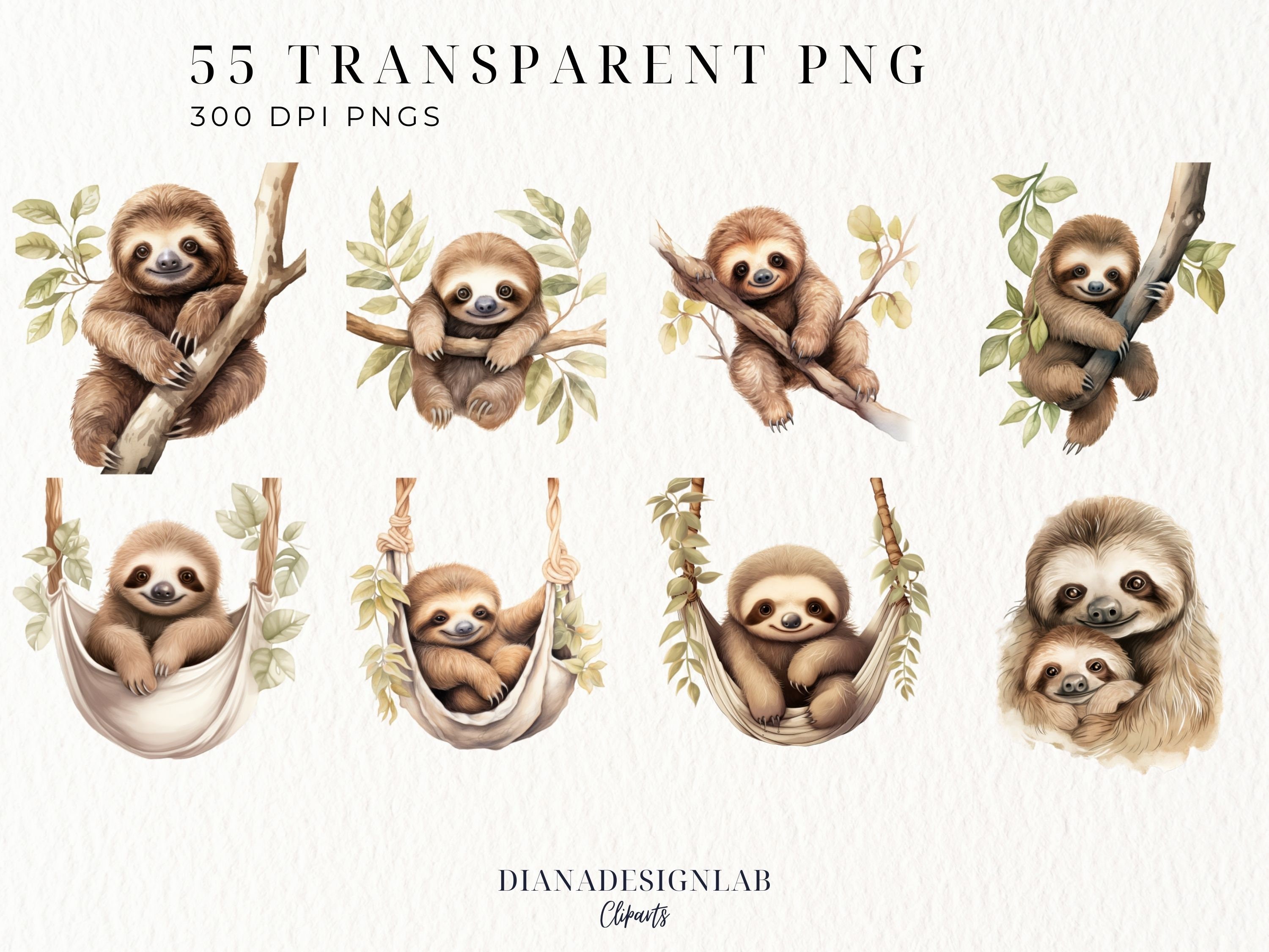 Sloth Clipart, Watercolor Baby Sloth, Realistic Art, Mother and Son ...