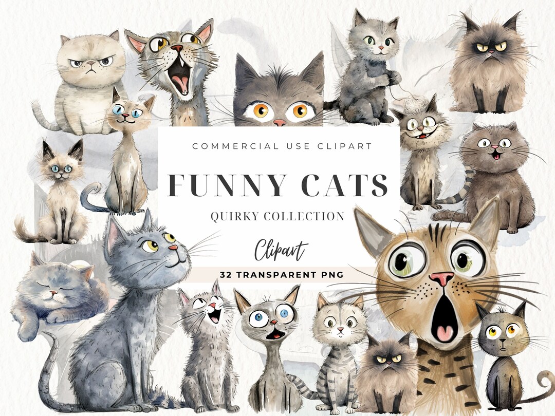 Quirky Cat Clipart, Whimsical Cats Clip Art, Kawaii Cat, Quirky Cat ...