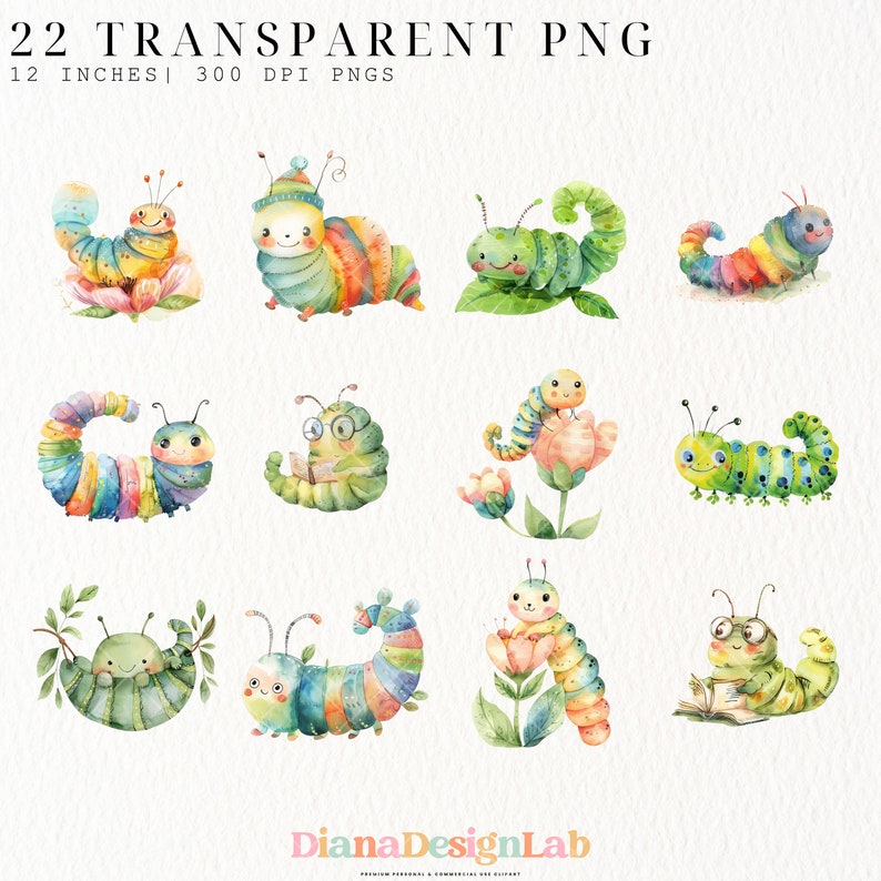 Watercolor Caterpillar Clipart, Instant Download,nursery Decor, Cartoon ...