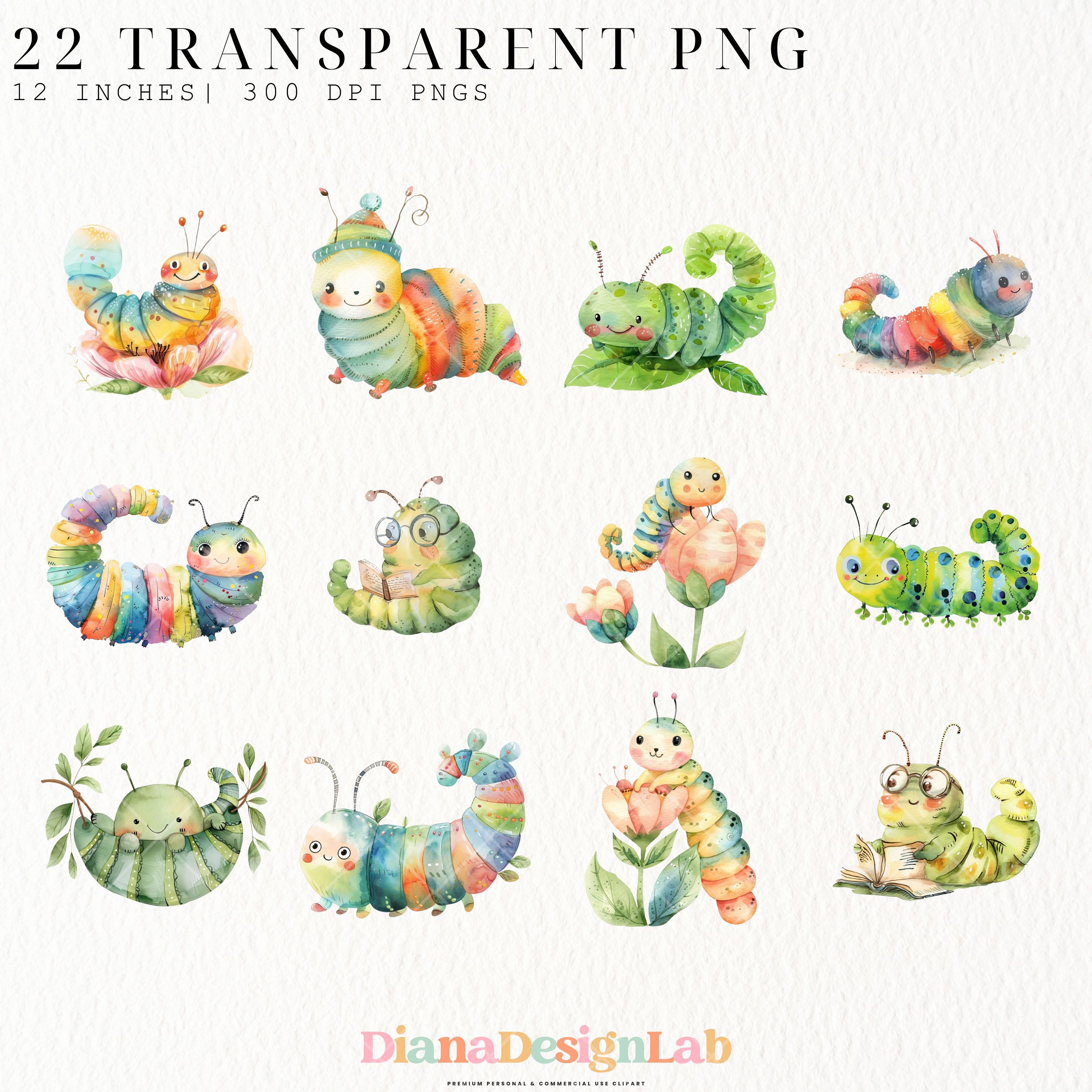 Watercolor Caterpillar Clipart, Instant Download,nursery Decor, Cartoon ...