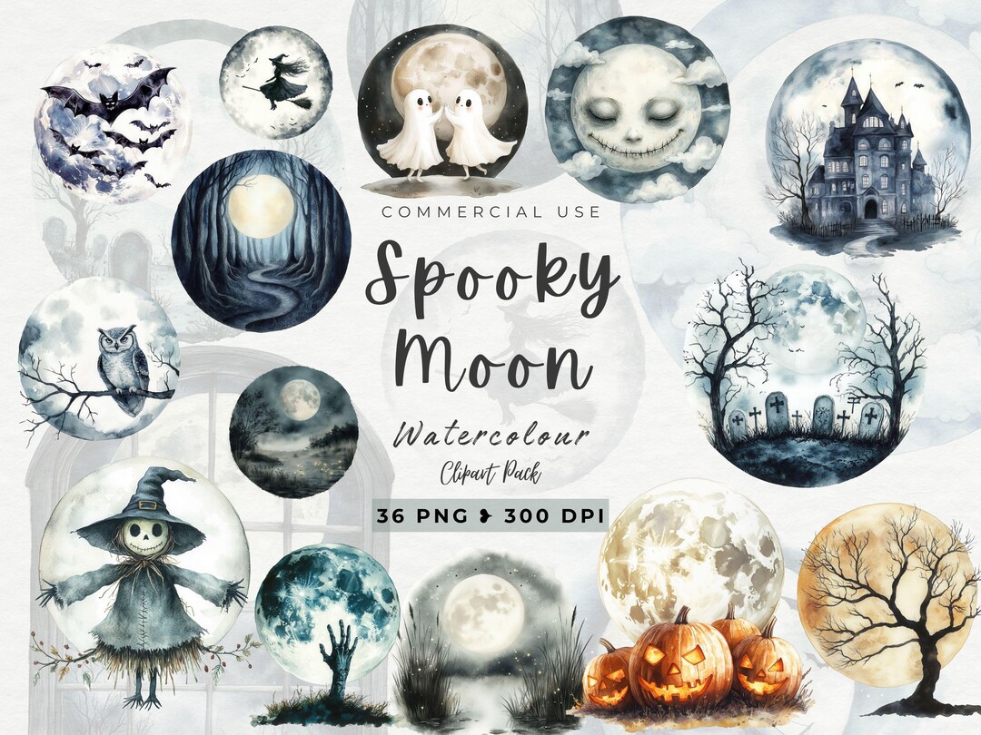 Spooky Full Moon Clipart, Halloween Party Decor, Fall Clipart, Full ...