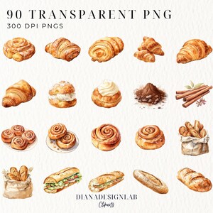 Watercolor Bakery Shop Clipart, Bread Baguettes French Croissants ...