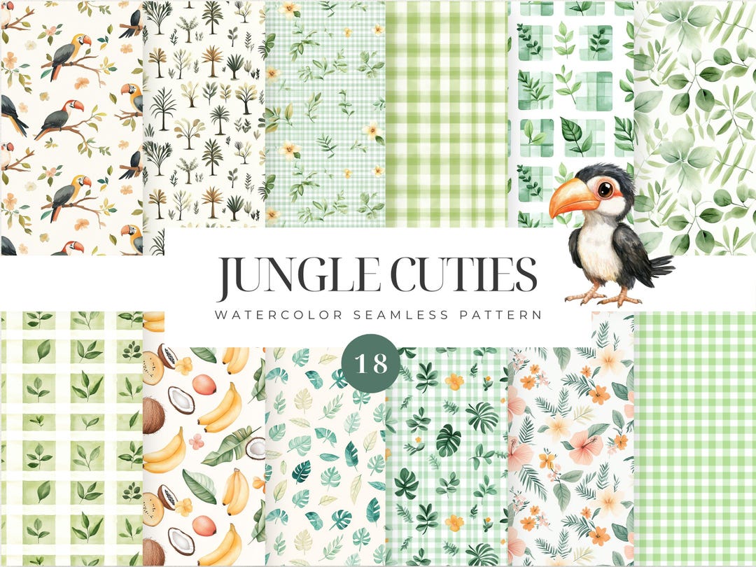 Cute Jungle Babies Seamless Patterns, Watercolor Baby Animal, Baby ...