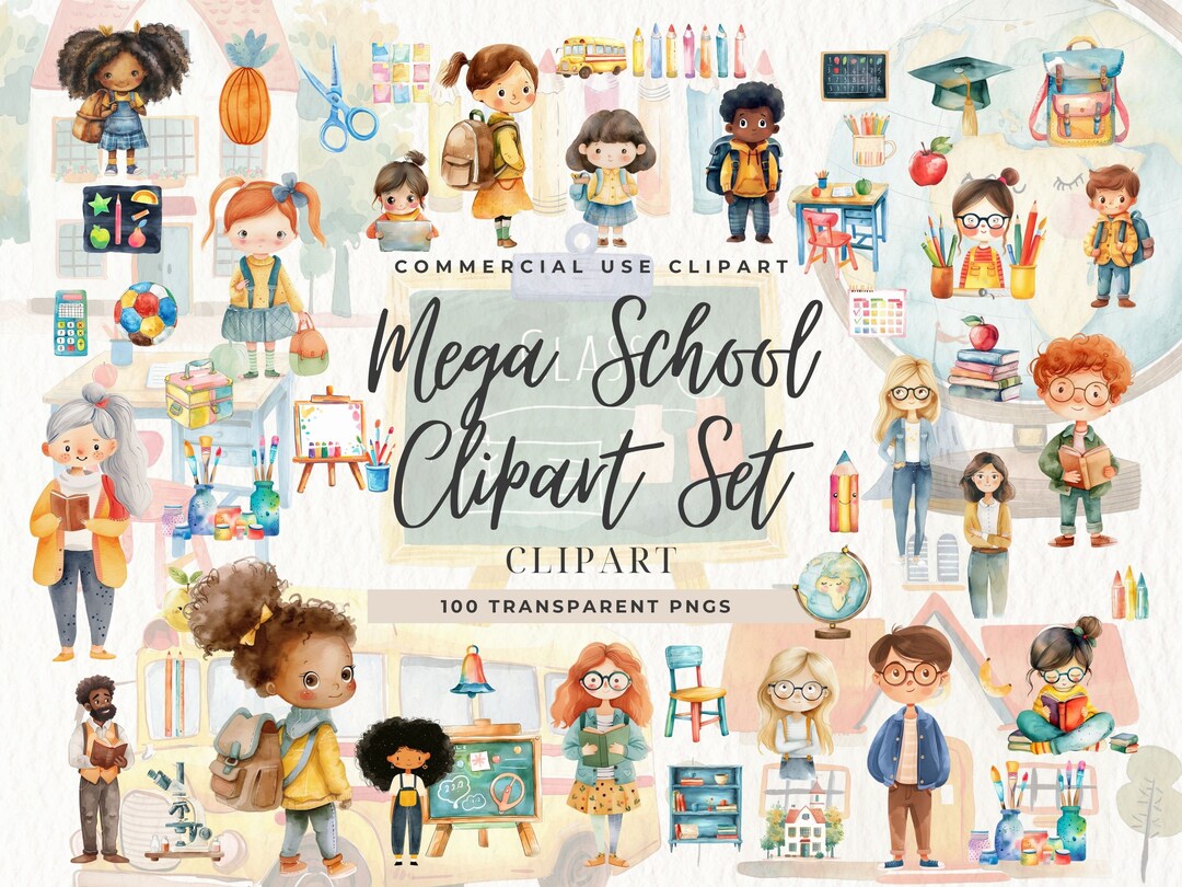 School Supply Clipart Watercolor, Elementary School, Supply, Back to ...