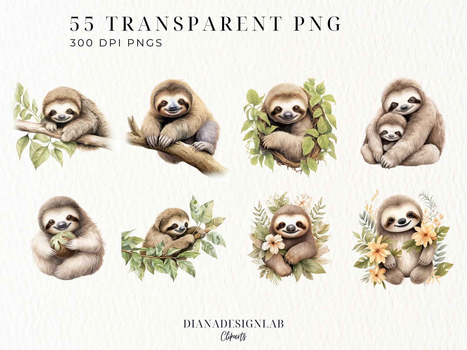 Sloth Clipart, Watercolor Baby Sloth, Realistic Art, Mother and Son ...