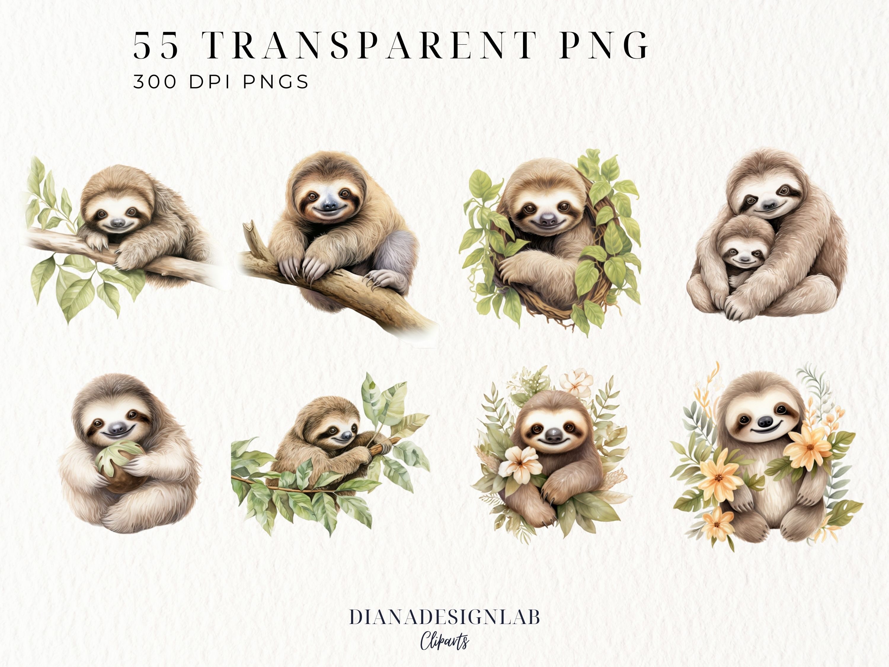 Sloth Clipart, Watercolor Baby Sloth, Realistic Art, Mother and Son ...