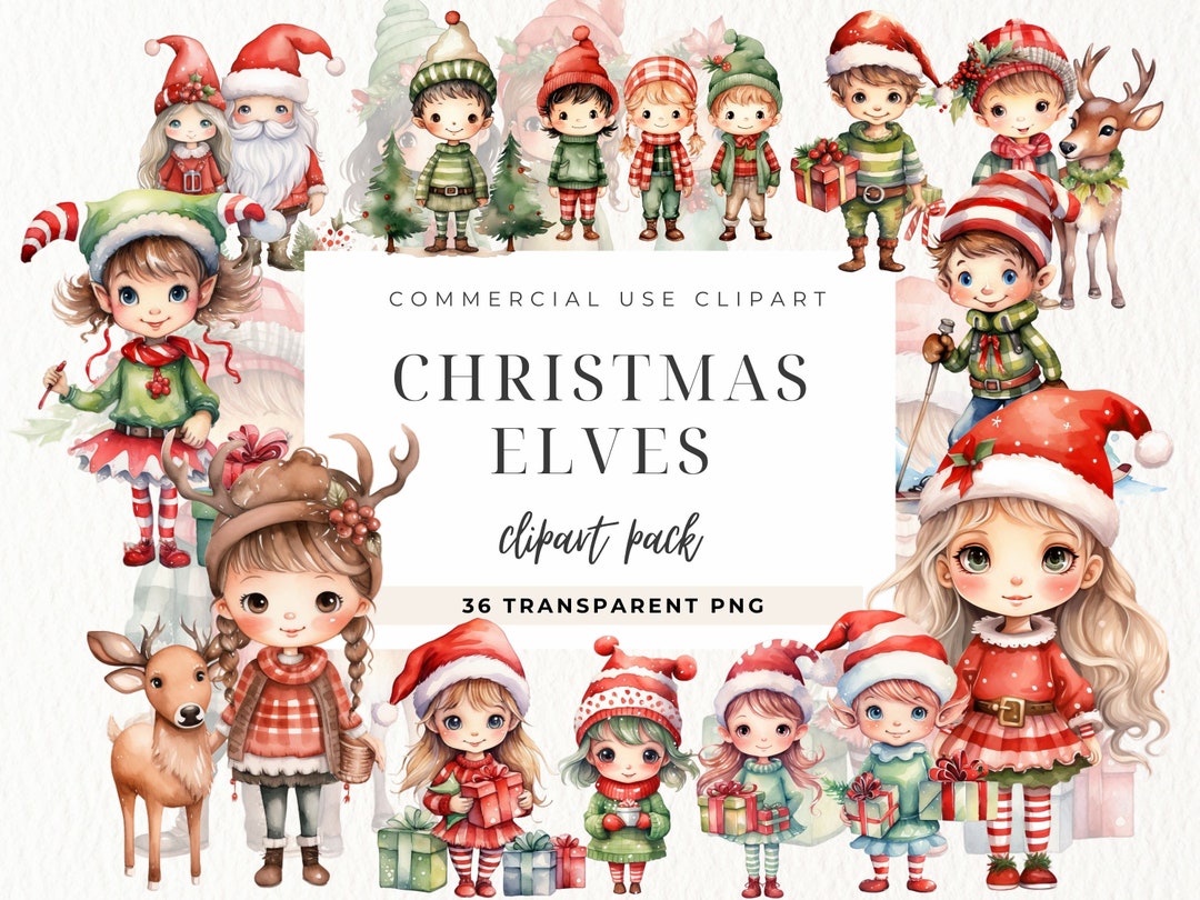 Christmas Elves Watercolor Clipart, Christmas Elf PNG, Santa's Helper ...